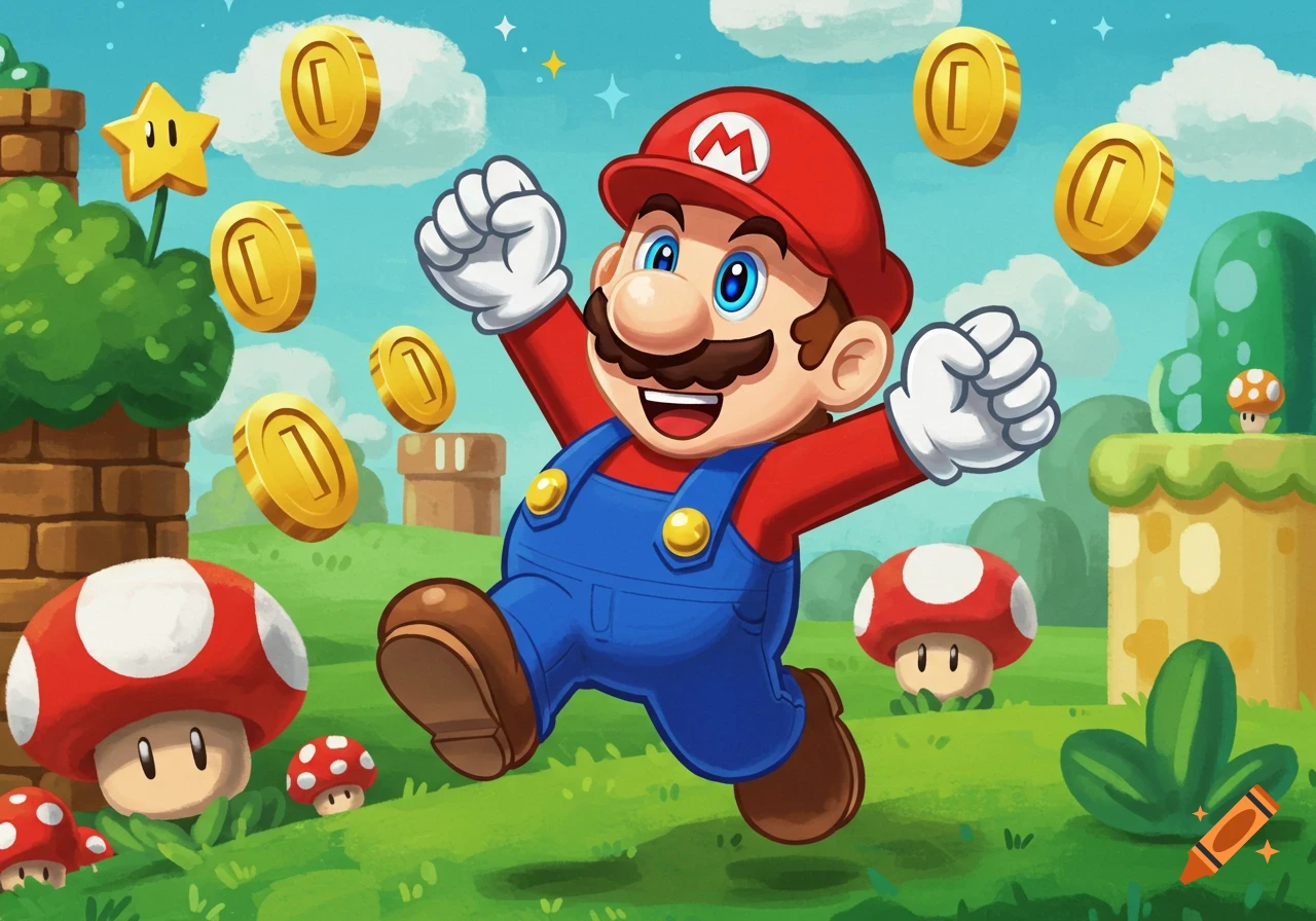 Cartoon Mario jumps happily, holding a question block in a vibrant ...