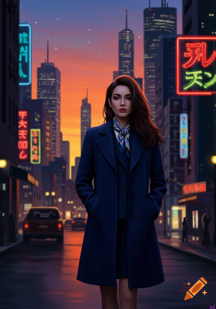 Digital art of a woman in a blue coat on a city street at sunset, with ...