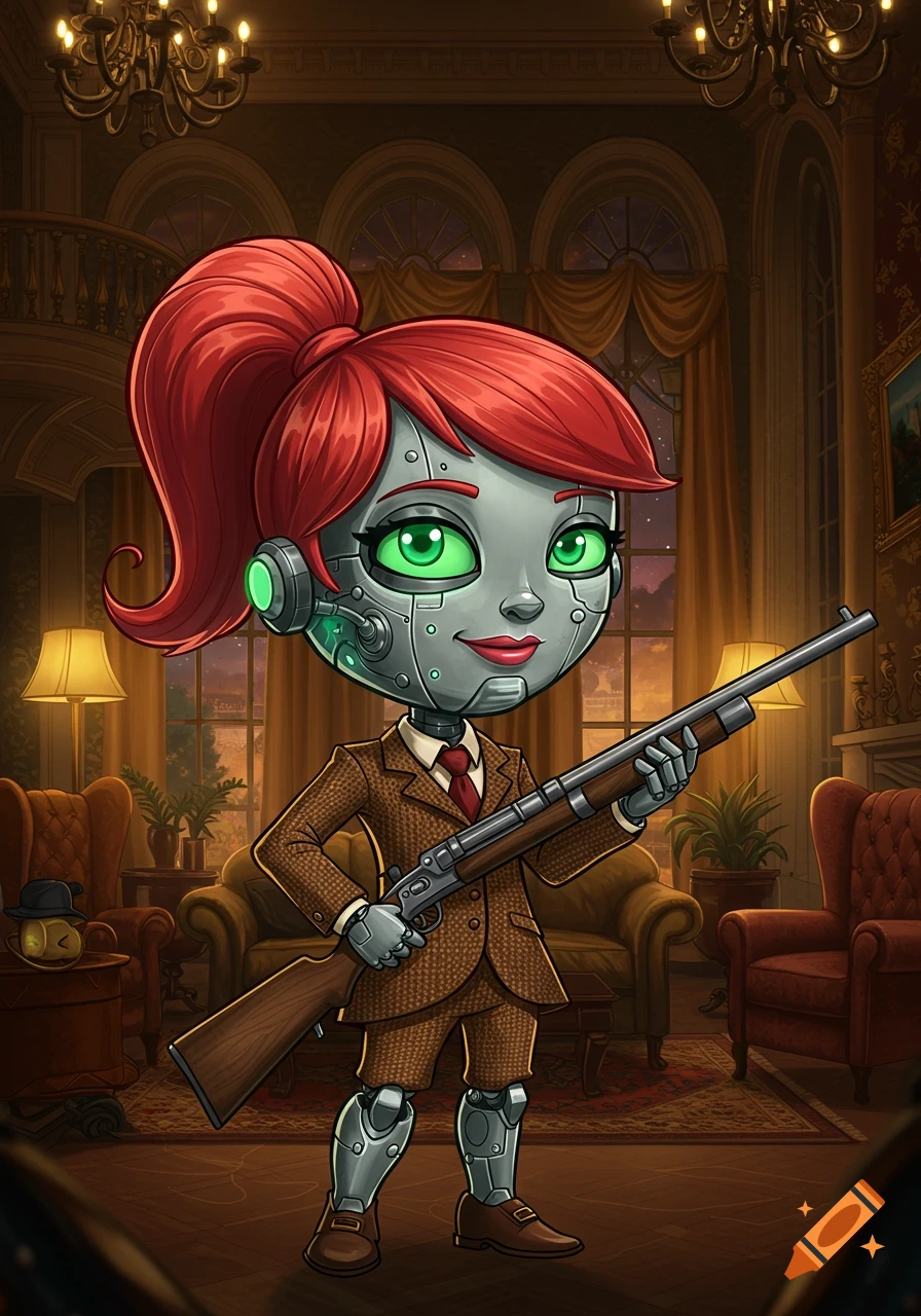 Cartoon robot woman with red ponytail, green eyes, in a tweed suit and ...