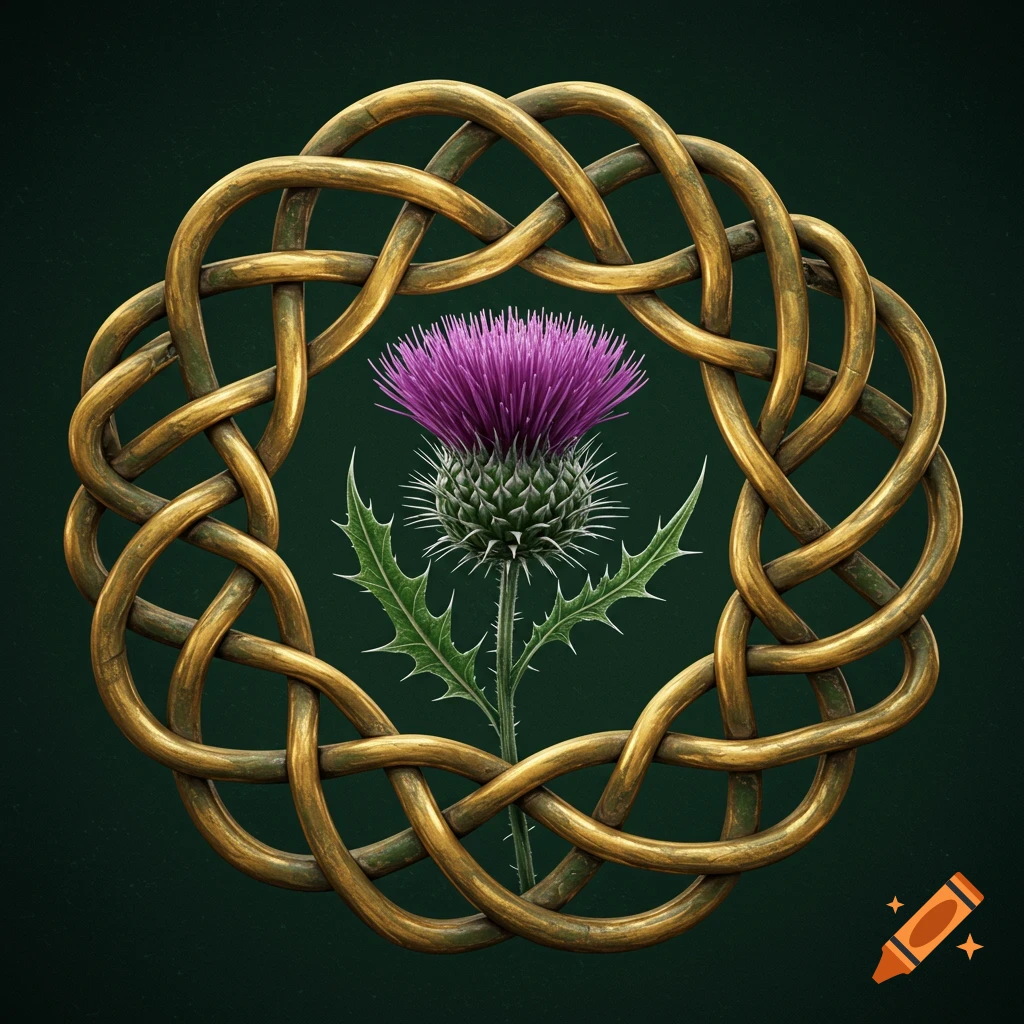 A golden Celtic knot design resembling a sun, with intricate ...