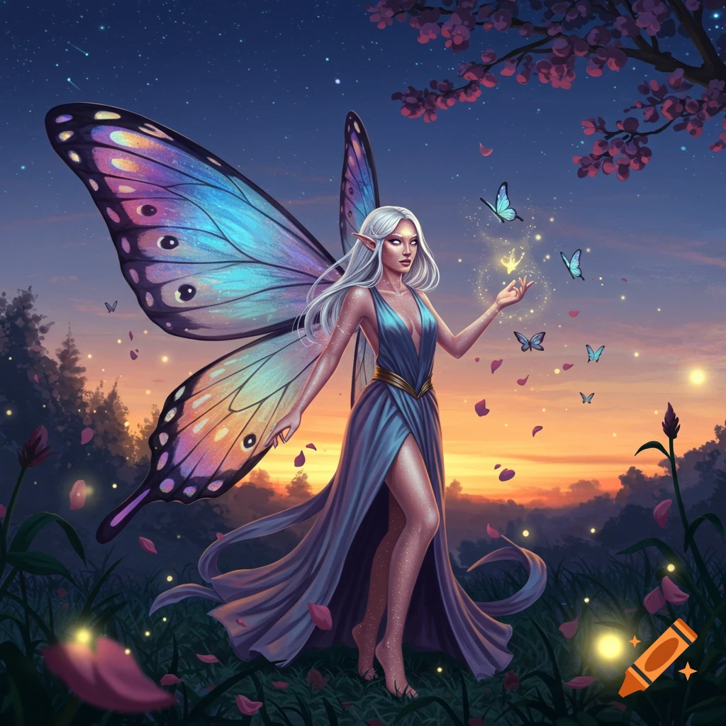 A vibrant illustration of a purple-haired fairy girl in a colorful ...