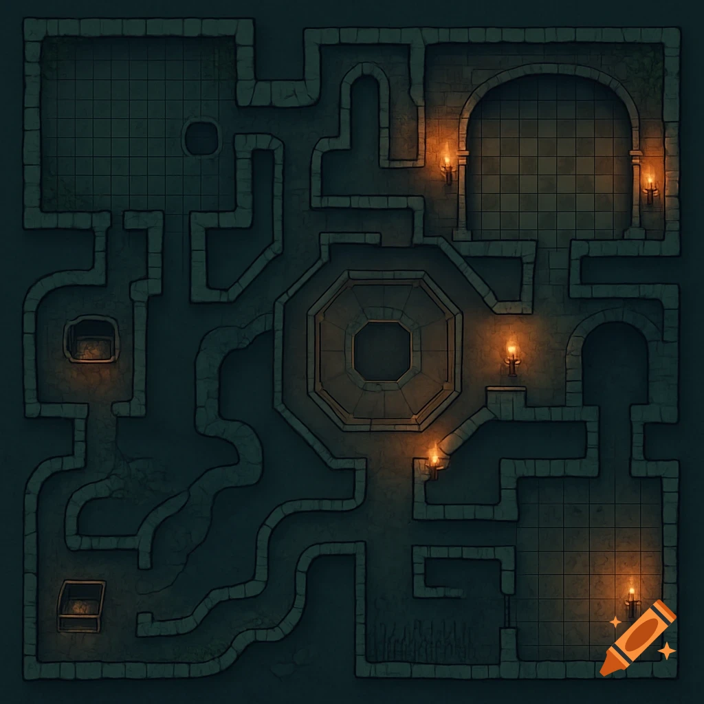 Top-down view of a gray stone dungeon room with thick walls, corner ...