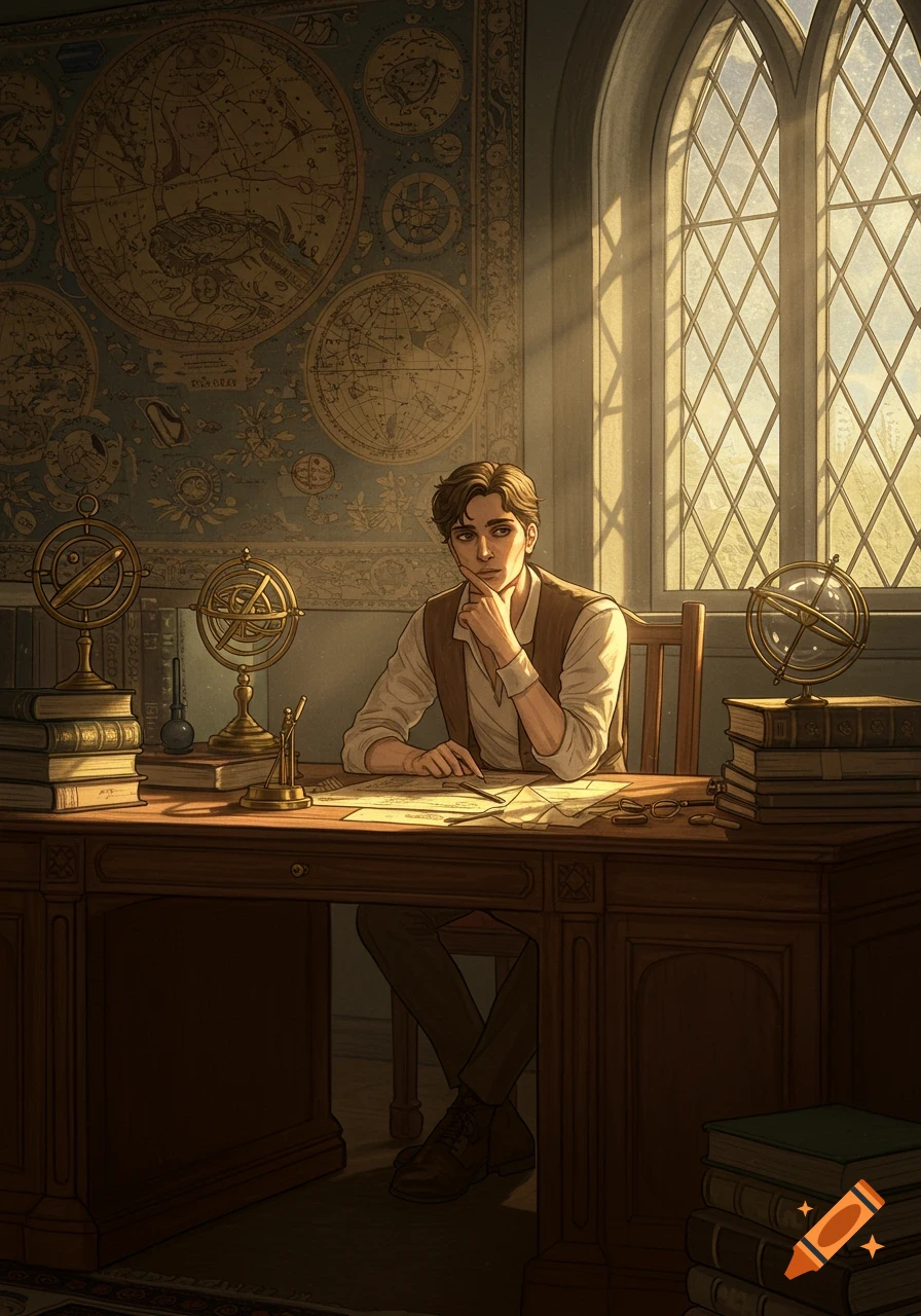 A bearded man in a turban and robes sits at a wooden desk, writing on ...