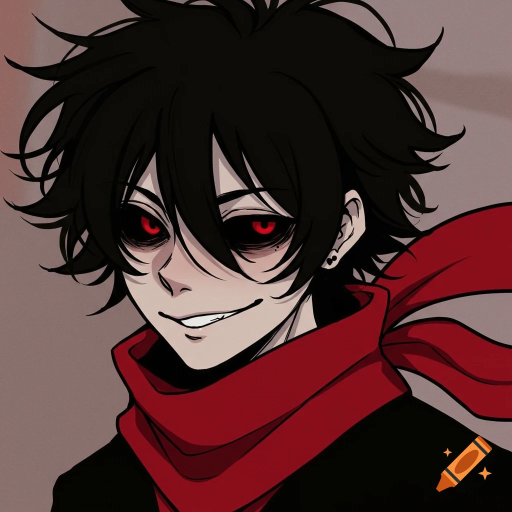 Anime character with black spiky hair, glowing red eyes, a menacing ...