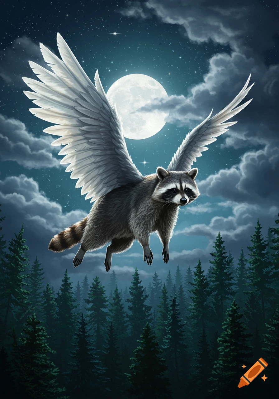 A winged raccoon flies across a starry night sky with a full moon over ...