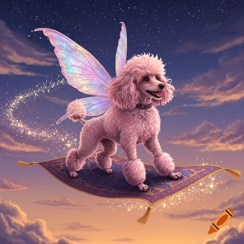 Pink poodle with iridescent fairy wings flying on a magic carpet ...