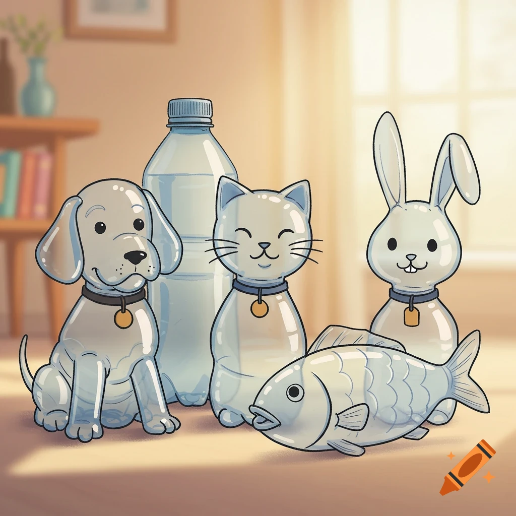 A cartoon illustration of four pet-shaped plastic bottles (dog, cat ...