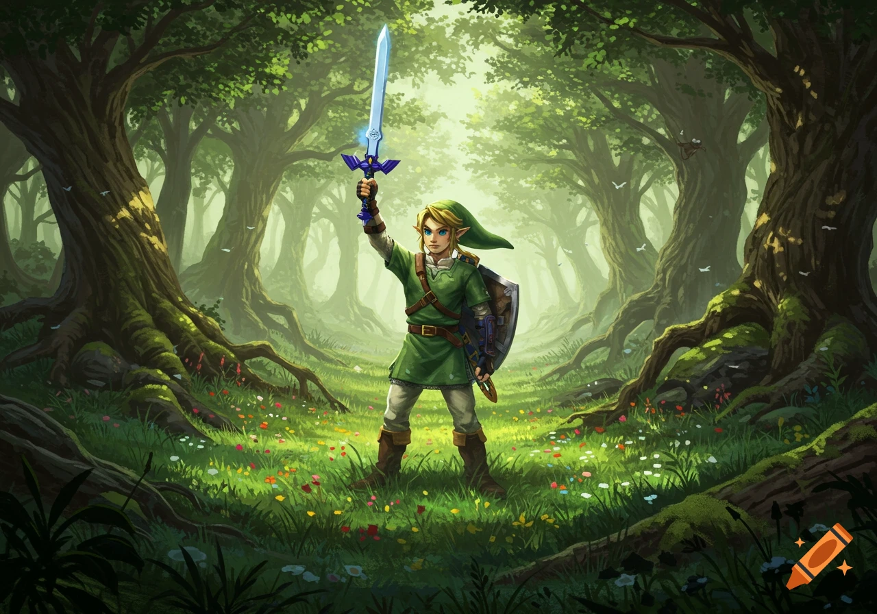 Link from The Legend of Zelda, buff and muscular, holds the Master ...