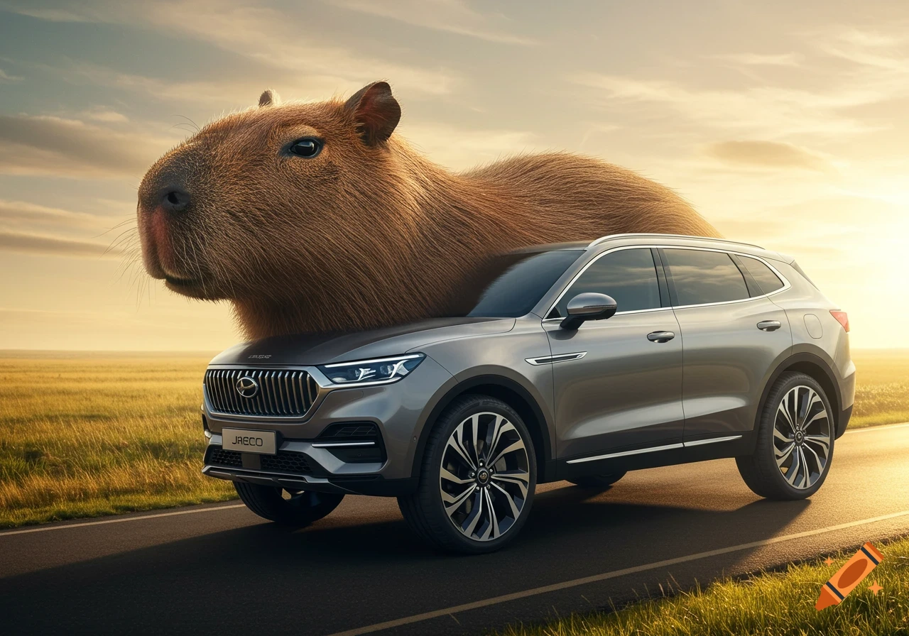 A giant, photorealistic capybara sits on a gray SUV on a rural road at ...