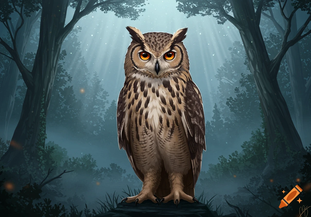 A stylized, intricate war mask resembling an owl, rendered in shades of ...