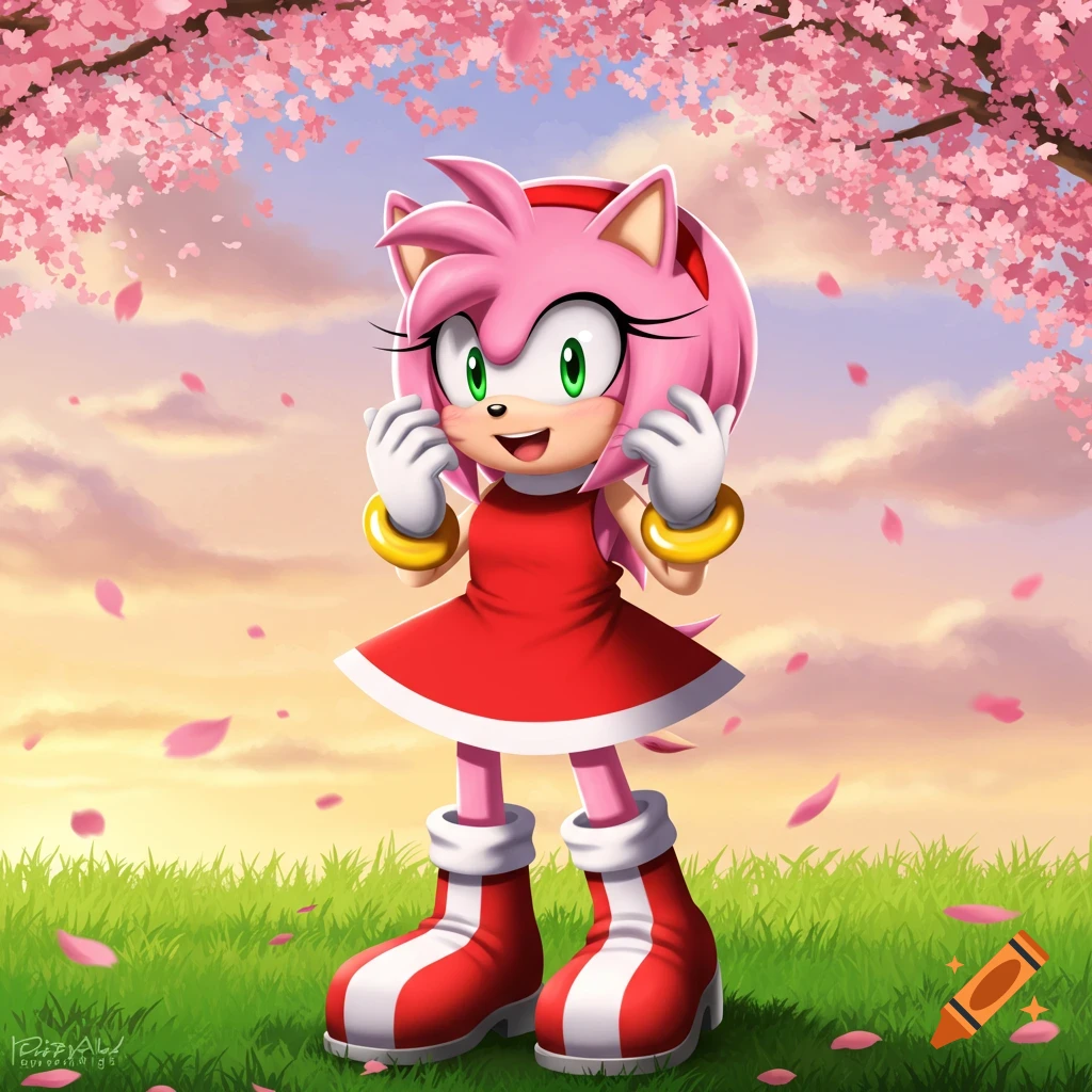 Amy Rose stands in a field of green grass under cherry blossoms ...