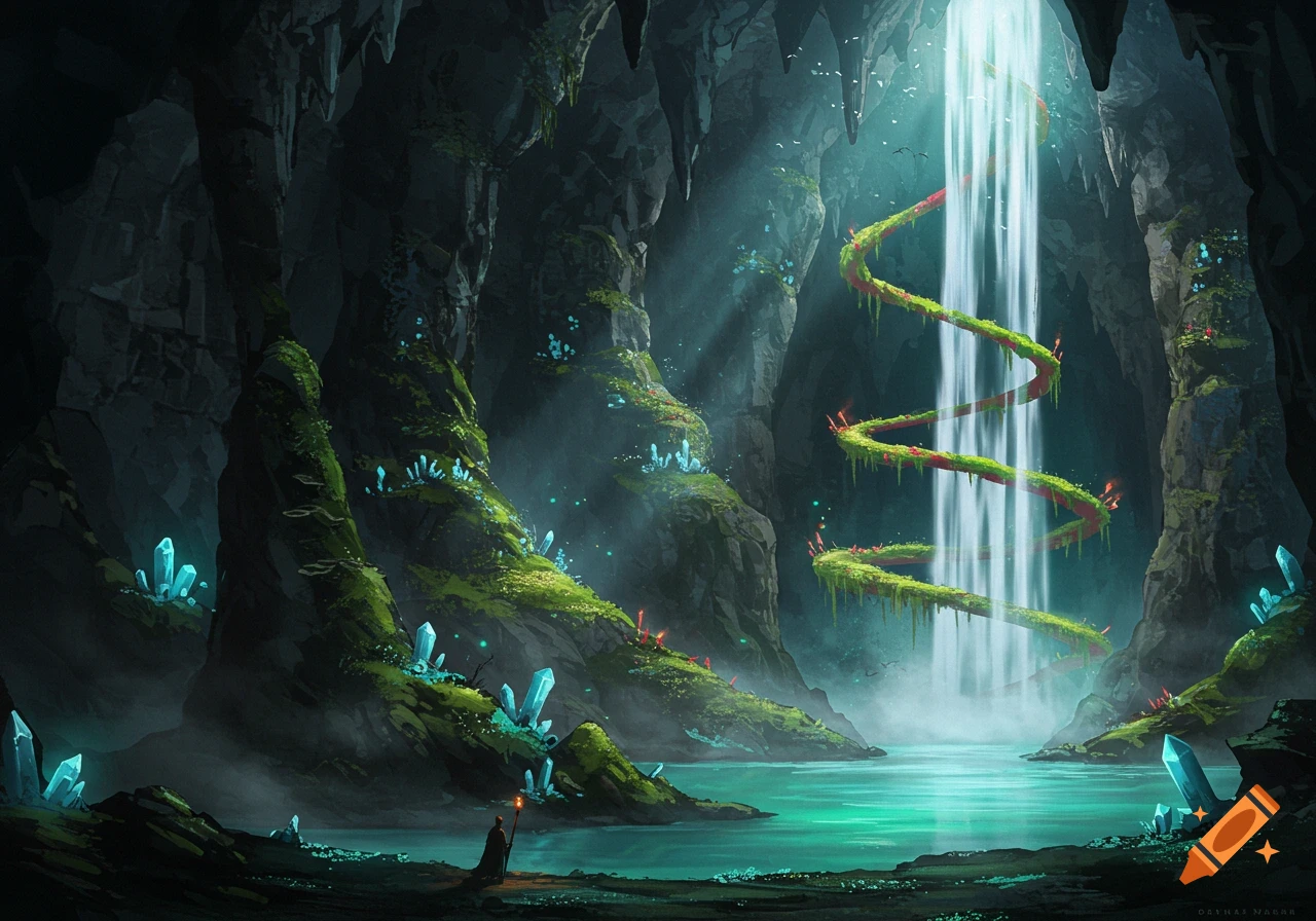 Fantasy art of a vast cave with a glowing ribbon waterfall, vibrant moss, blue crystals, and a ...