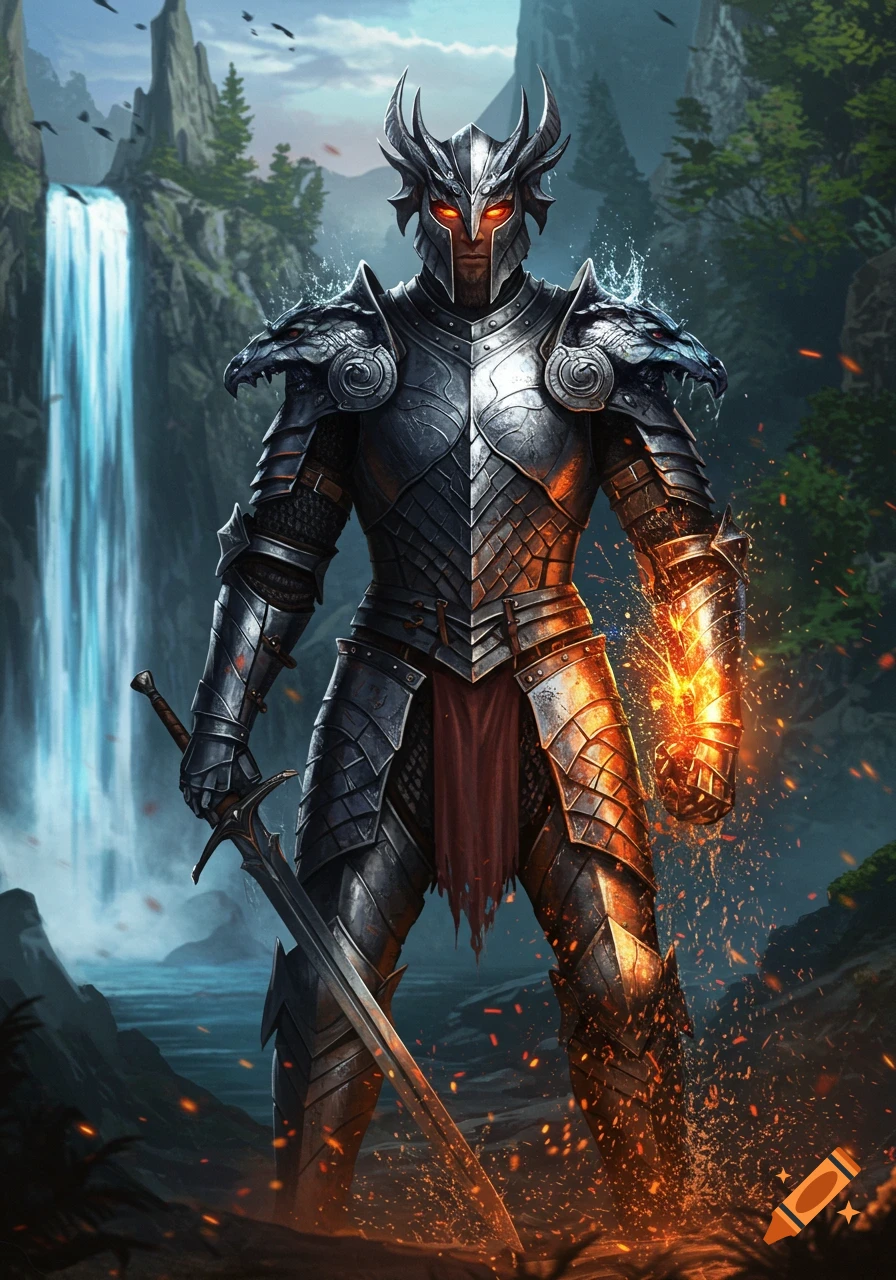 A dark fantasy warrior in ornate armor with glowing red eyes, one arm ...