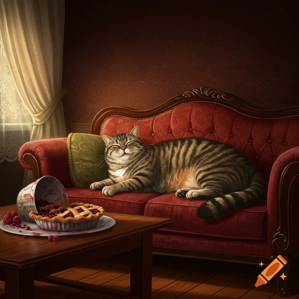 A satisfied tabby cat rests on a red velvet sofa, eyes closed, beside a ...
