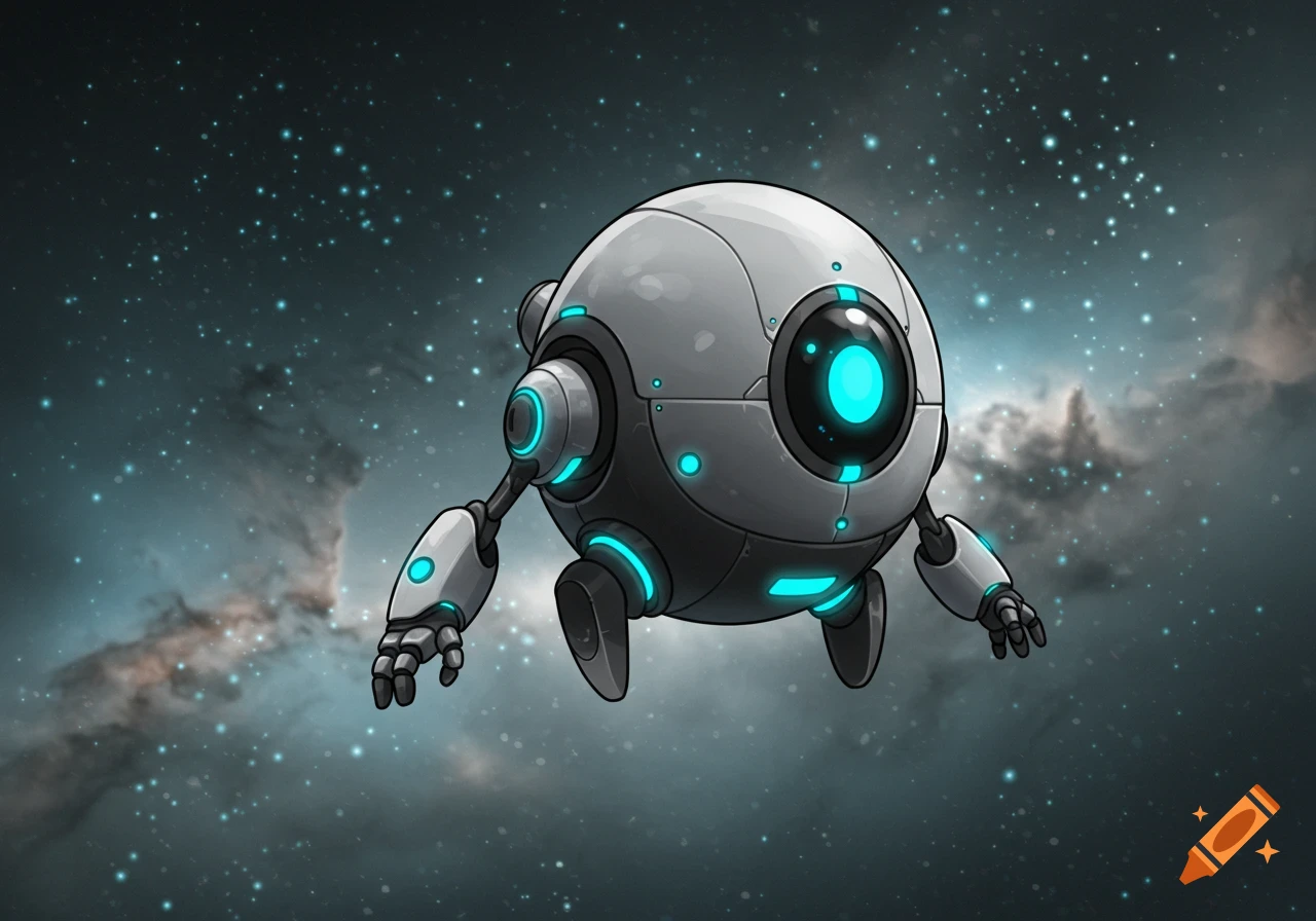 Round, metallic sci-fi robot with blue glowing lights and floating ...