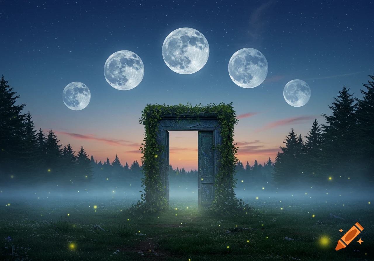 A fantasy landscape at twilight with five bright moons above a moss ...