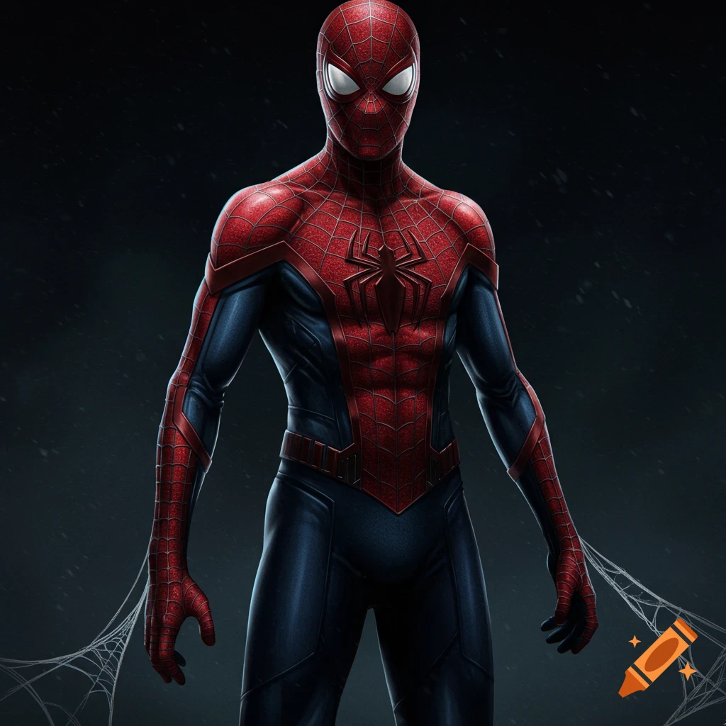 Close-up of a person in a dark blue Spider-Man suit with red accents ...