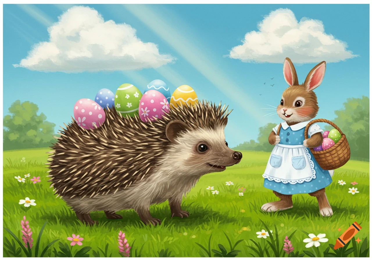 A cute illustration of a hedgehog carrying colorful Easter eggs on its back, meeting a bunny ...