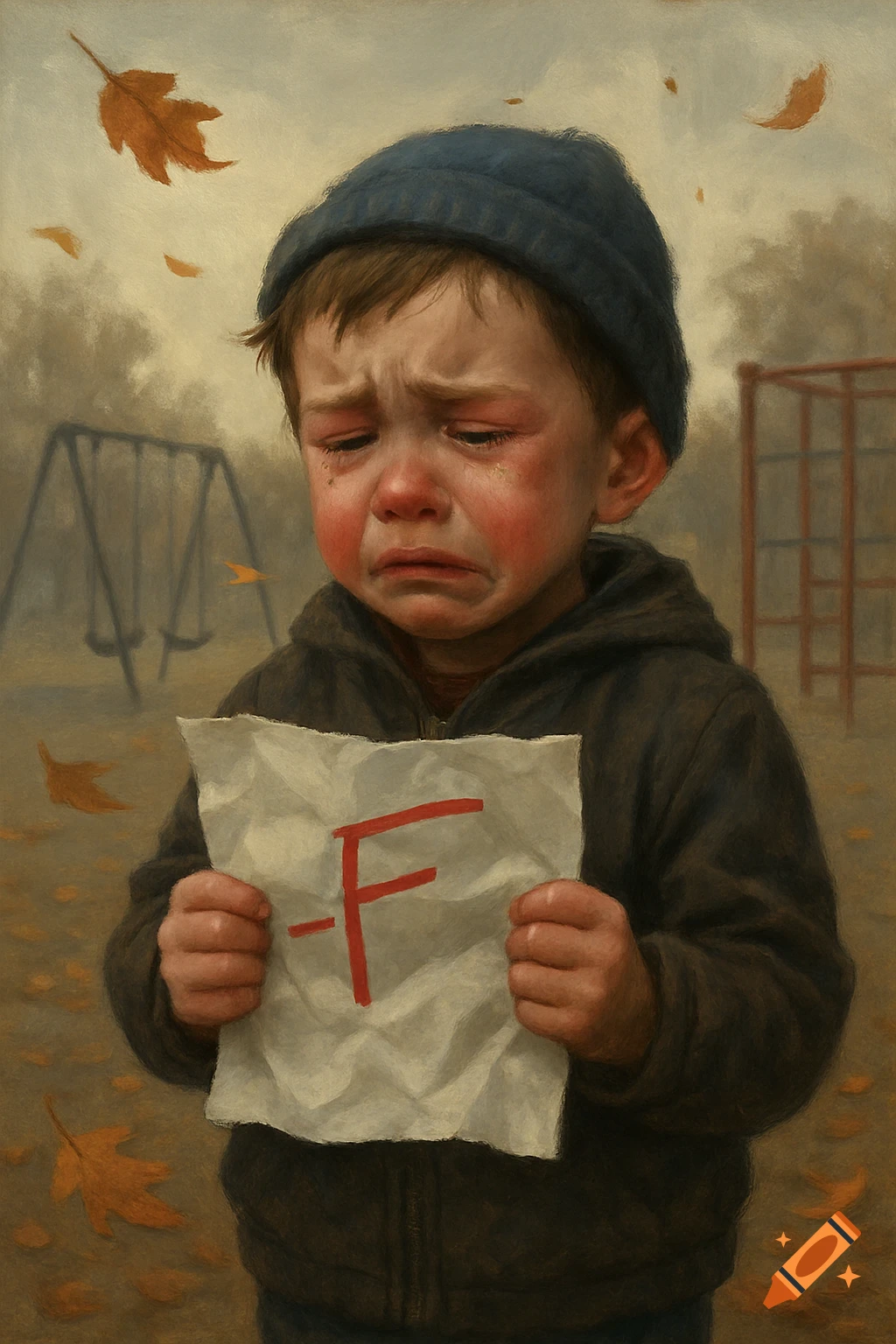 A crying boy in a blue hat holds a crumpled paper with a red 'F' on it ...