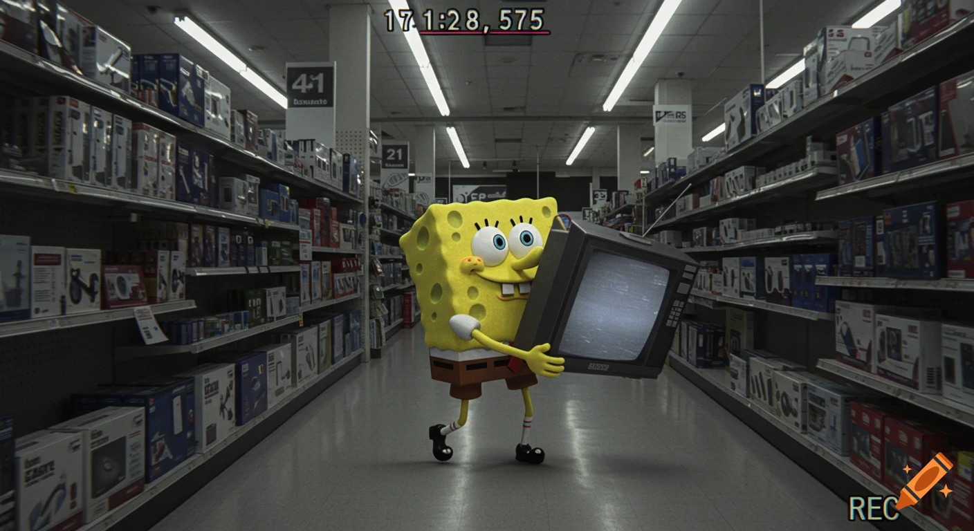 Spongebob Squarepants carries a vintage TV down a store aisle in a ...