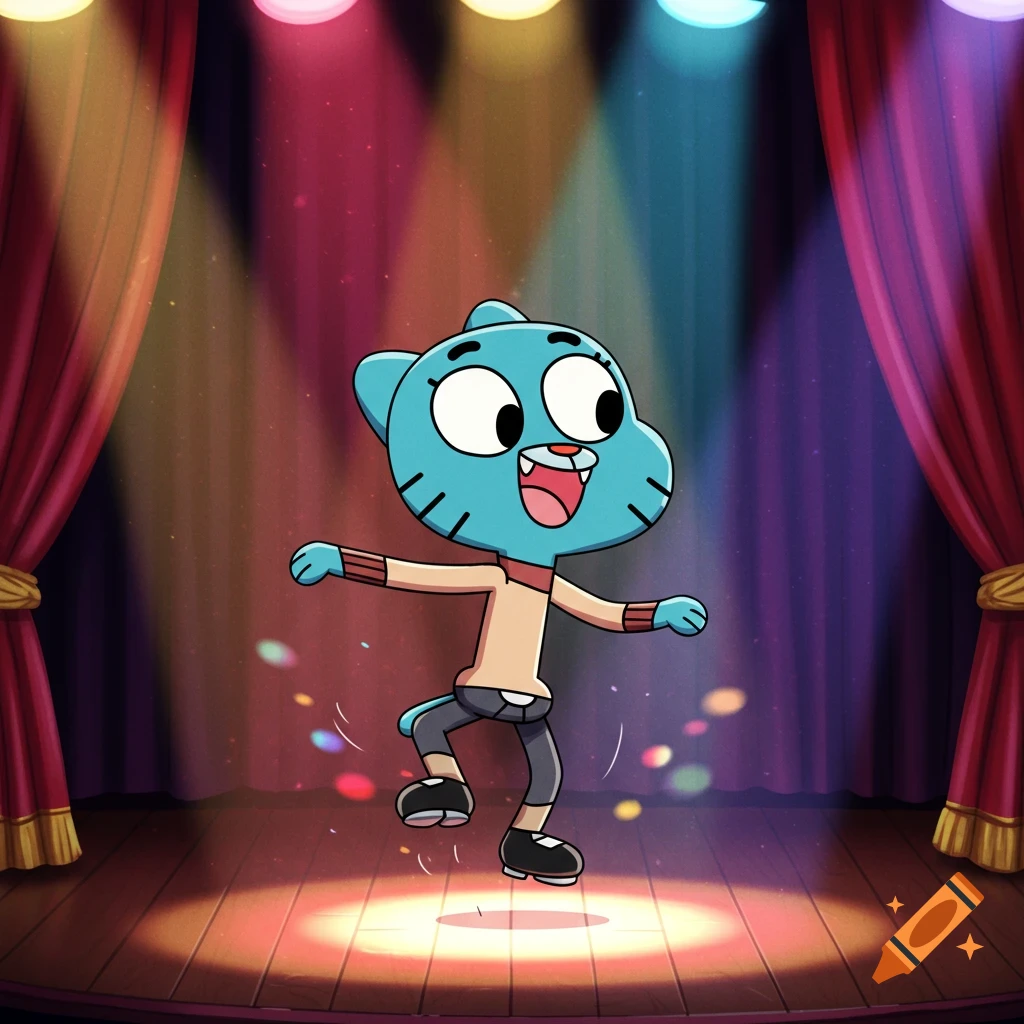 Gumball Watterson tap dancing on a spotlighted stage with an orchestra ...
