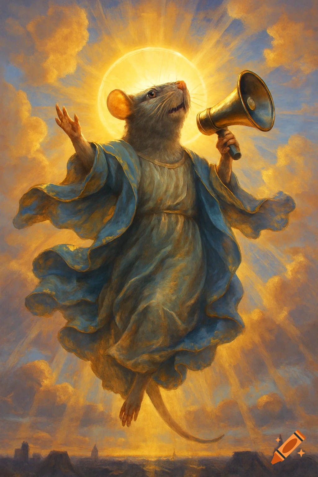A robed rat with a megaphone flies dramatically in a golden, cloudy sky ...