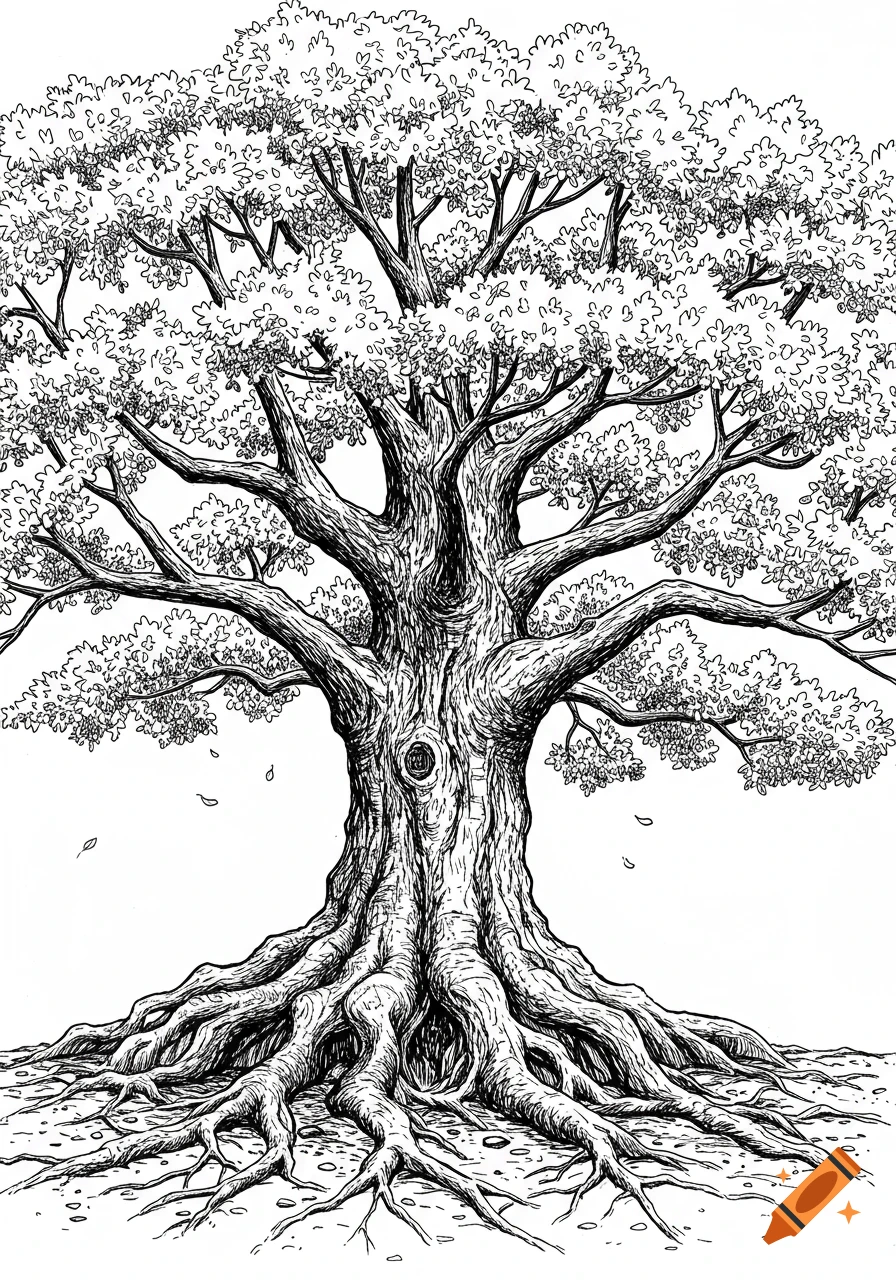 Black and white drawing of a large oak tree with exposed roots. on Craiyon