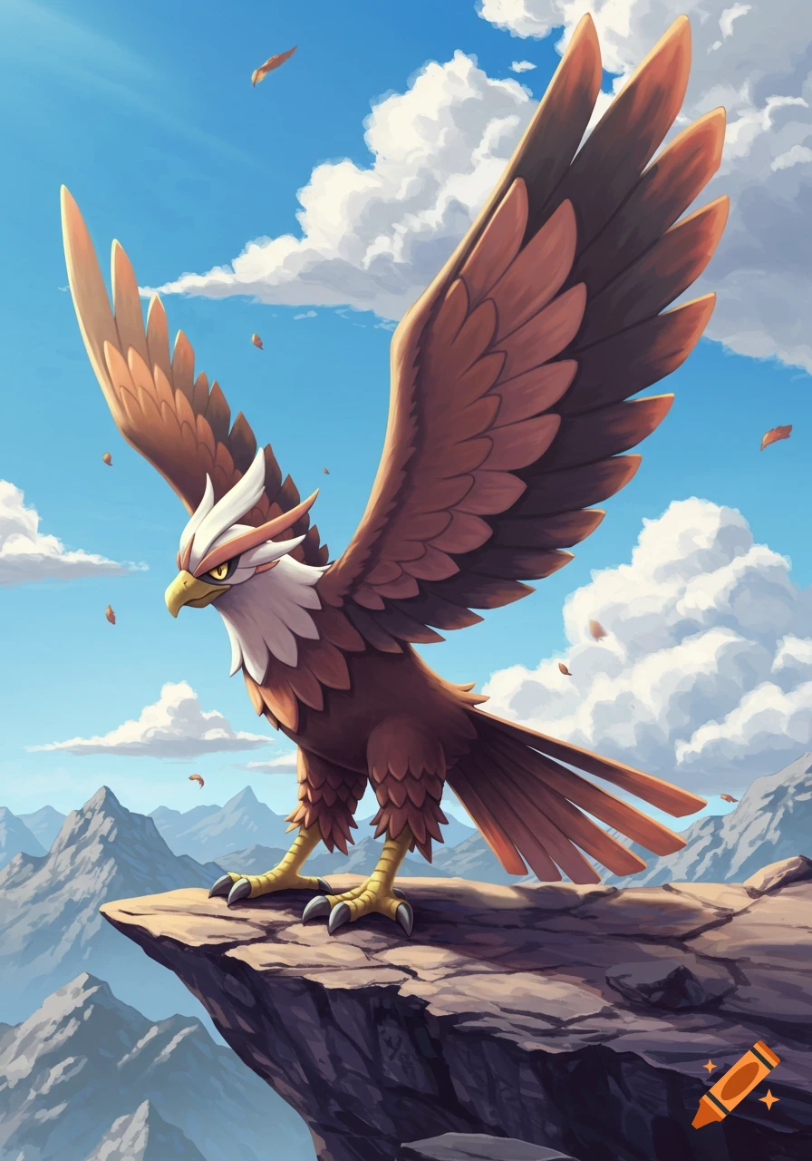 A stylized eagle-like Pokemon with wide brown wings stands on a rocky ...