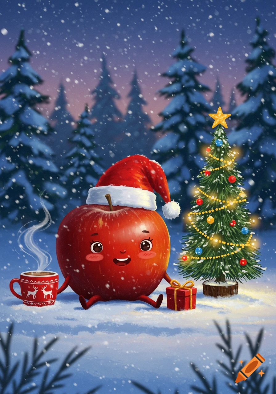 Cute anthropomorphic apple in a Santa hat, holding a mug in a snowy ...