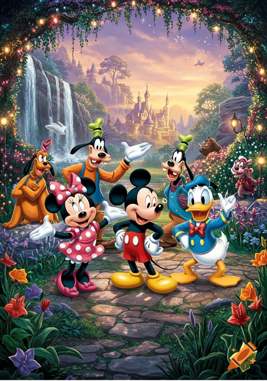 Mickey Mouse, Minnie, Donald Duck, Goofy, and Pluto stand in a vibrant ...