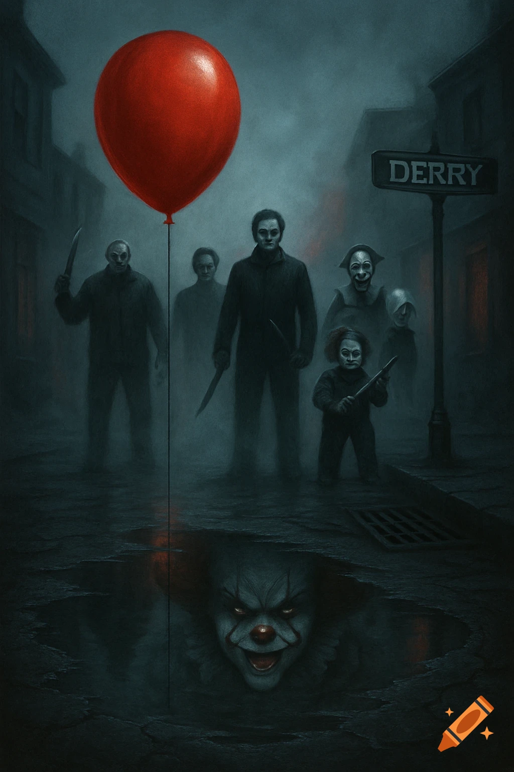 A cinematic movie poster with horror villains in a misty street ...
