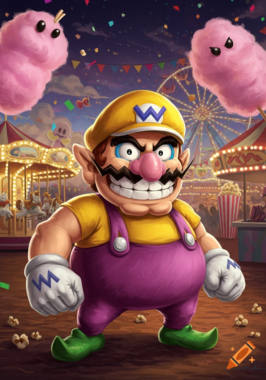 Wario runs across suspended wooden platforms and ropes on a vibrant ...