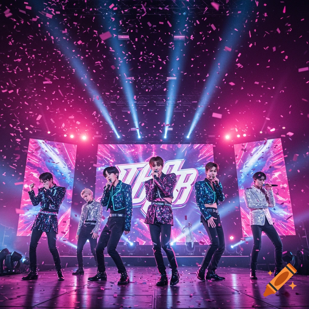 Six K-pop male performers in sequined outfits sing on a brightly lit ...