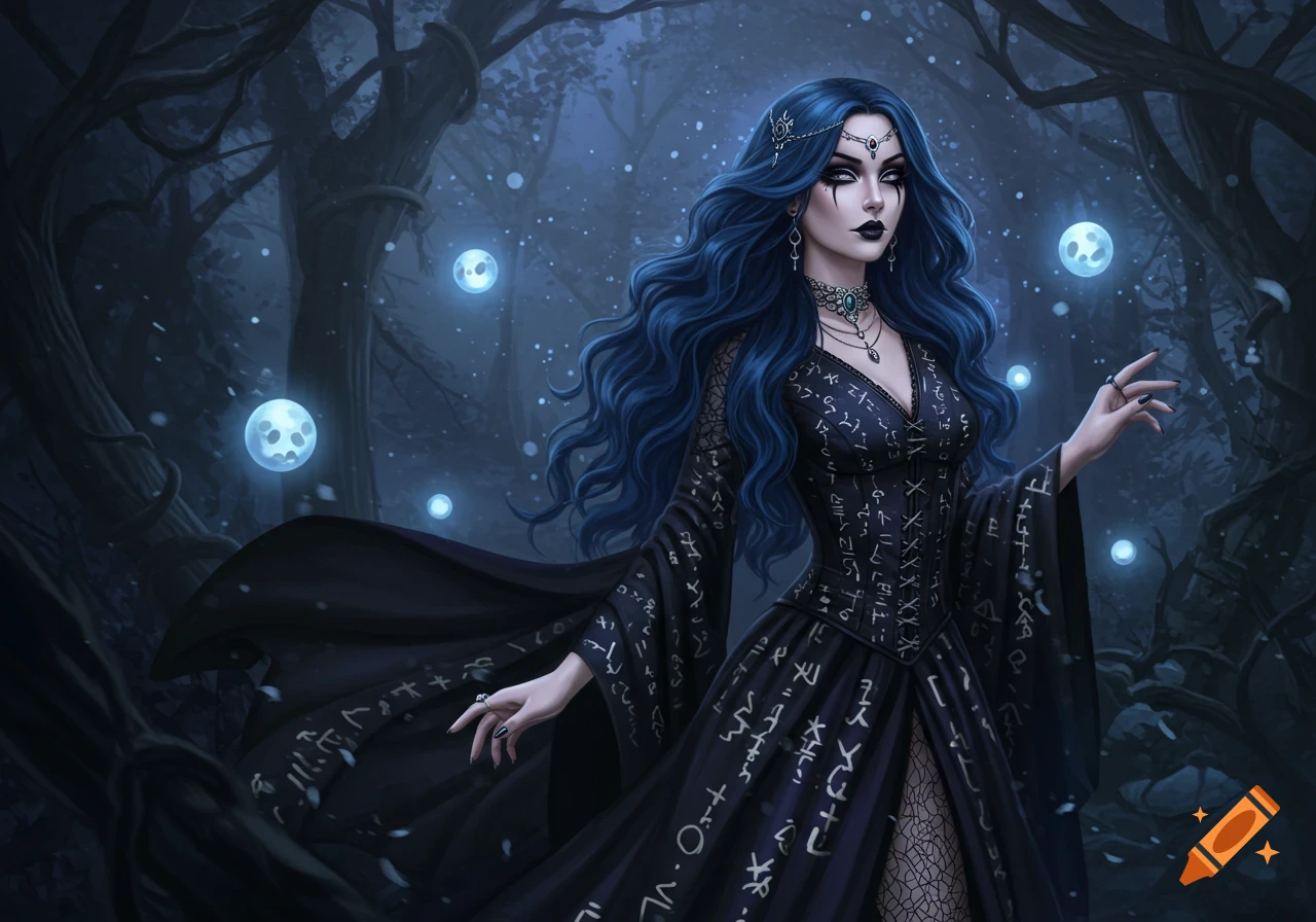 Gothic woman with long black hair in a dark forest with black roses and ...