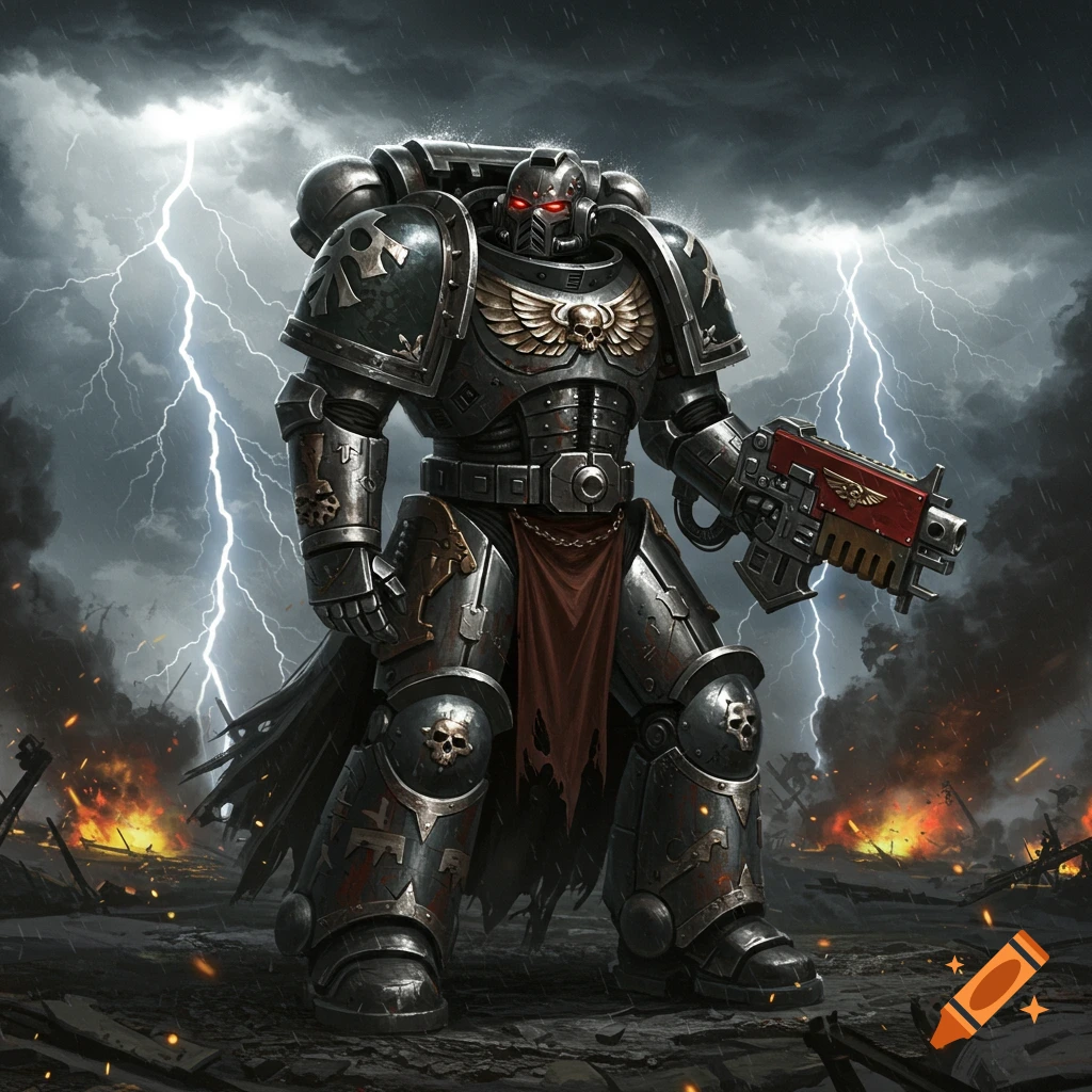 A Warhammer 40k Space Marine in power armor raises a tattered red ...