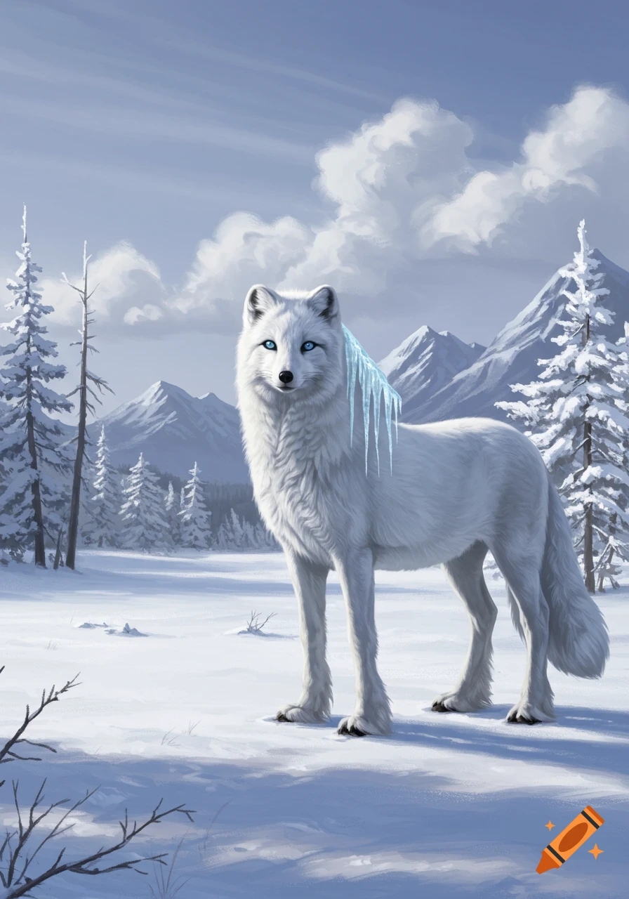 Two cartoon huskies hug affectionately in a snowy mountain landscape ...