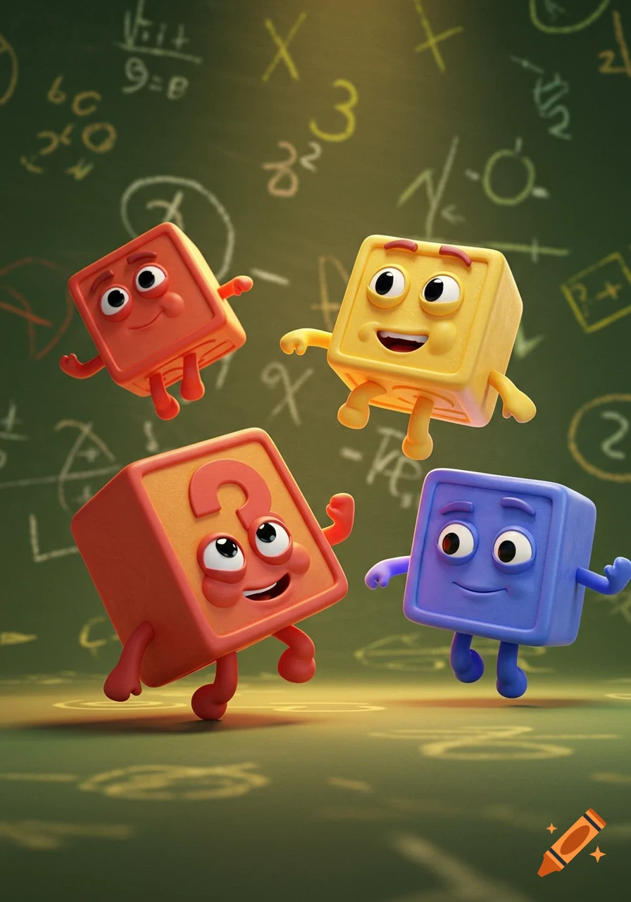 Four colorful, smiling block characters with arms and legs float ...