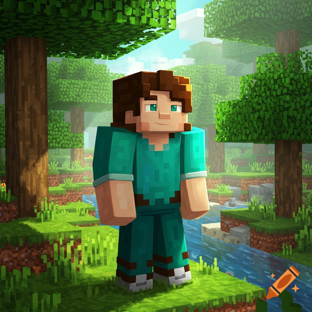A blocky Minecraft-style character in a green hooded jacket and brown ...