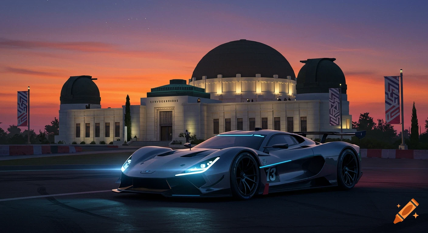 A futuristic race car with glowing blue accents parked on an asphalt ...