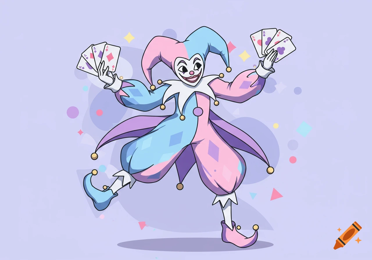 A cartoon jester in a pink, blue, and purple outfit holds playing cards ...