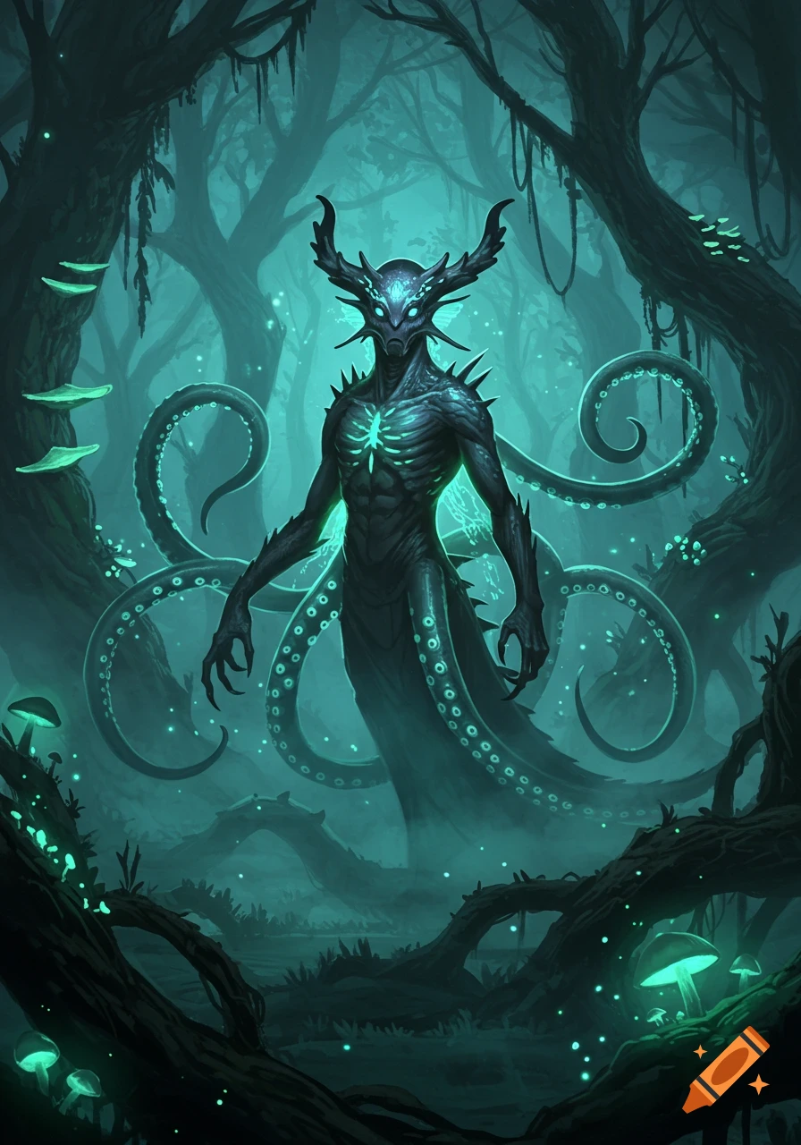 A dark, horned mythical creature with glowing chest and tentacles stands in a misty ...