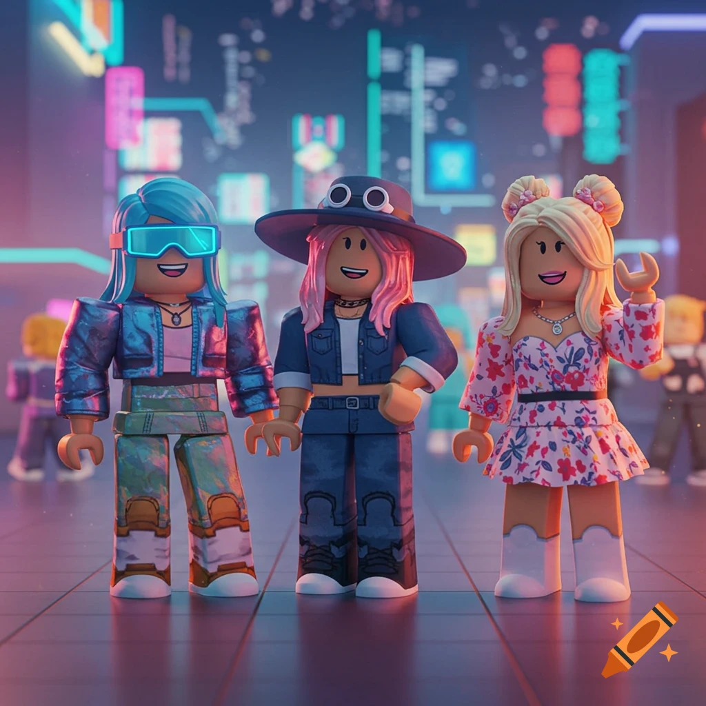 Four Roblox characters walk down a vibrant, painterly cityscape street ...