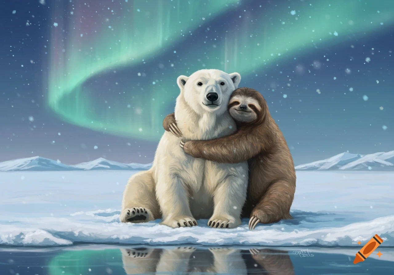A brown sloth hugs a white polar bear in a snowy arctic landscape under ...