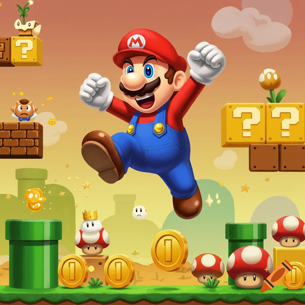 Super Mario jumping in a vibrant video game level with question blocks ...