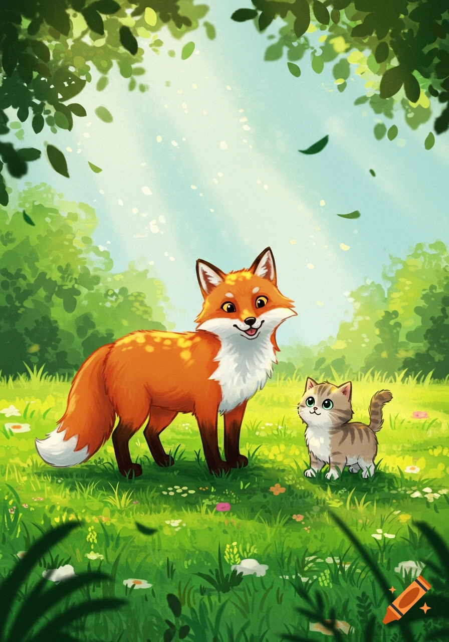 A cute cartoon fox and a tabby kitten stand in a bright green meadow ...