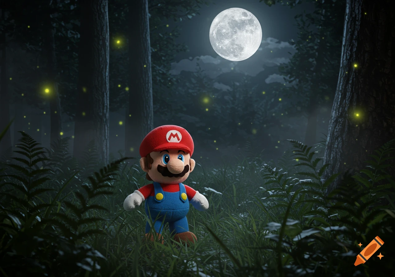 A Mario plush toy stands in a dark forest at night under a full moon ...