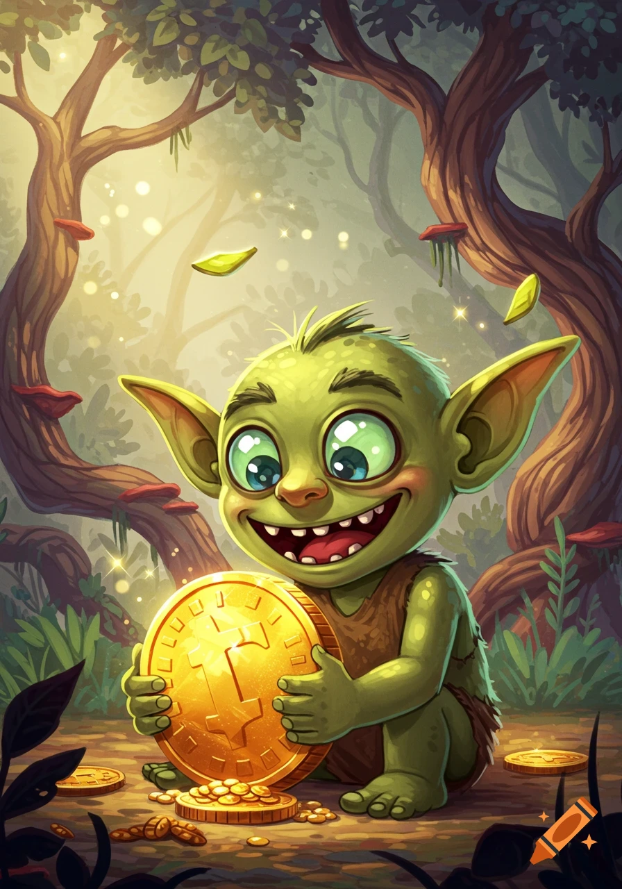 A happy cartoon goblin with big eyes and ears clutches a large gold ...