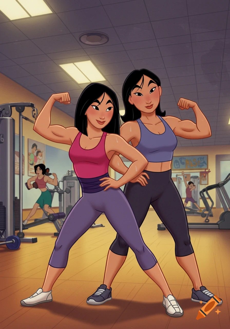 Elsa, Anna, and their muscular mother flex their biceps in a 3D cartoon ...