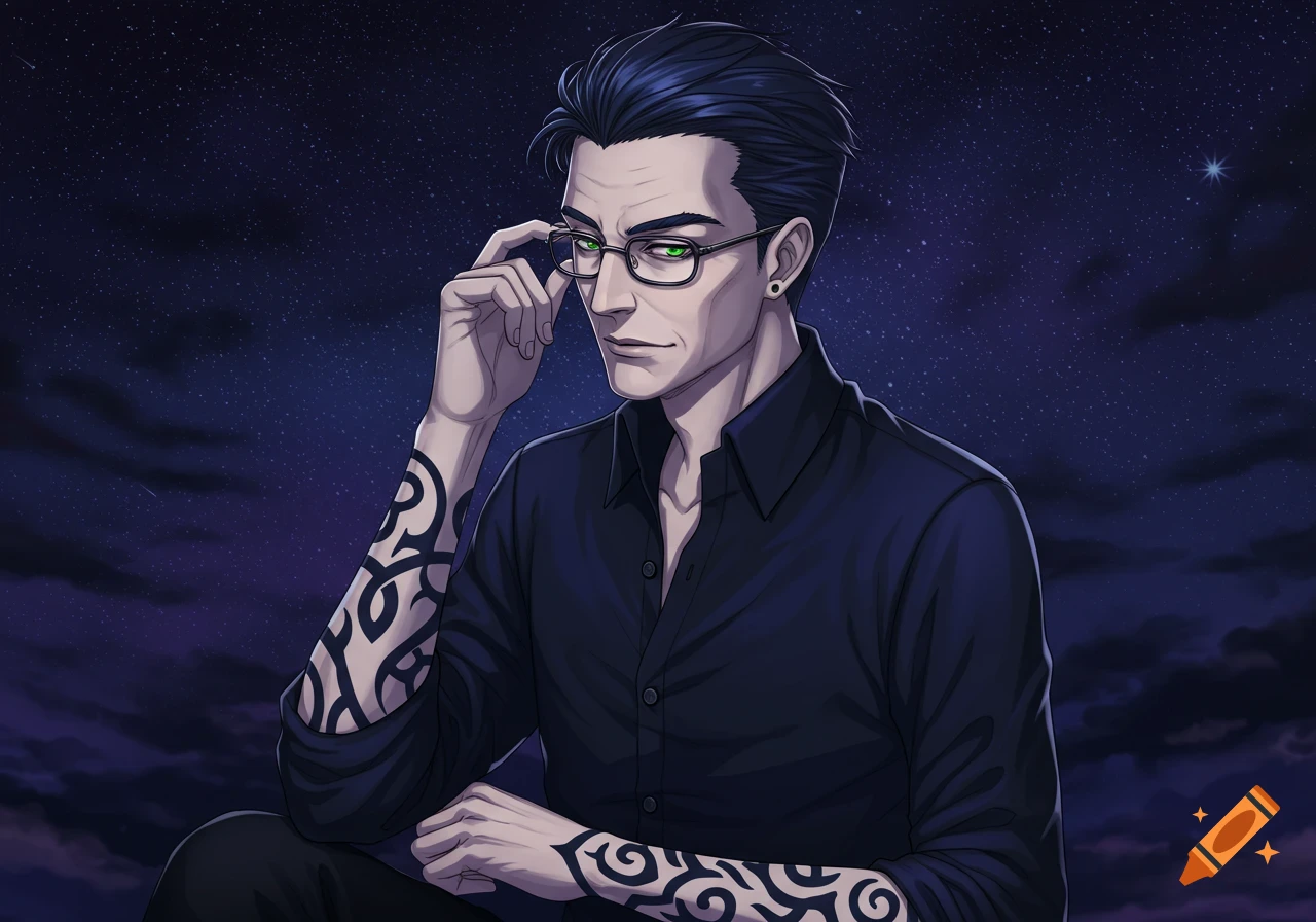 A cool-toned cartoon character with light hair, sharp eyes with black ...