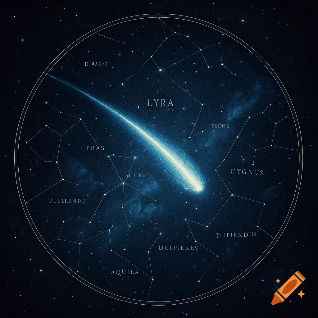 A detailed circular star map showing constellations, including Lyra ...